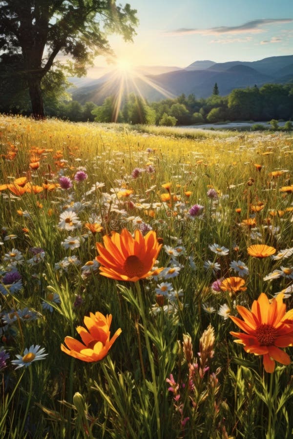 Sunlit Field of Blooming Wildflowers Stock Illustration - Illustration ...