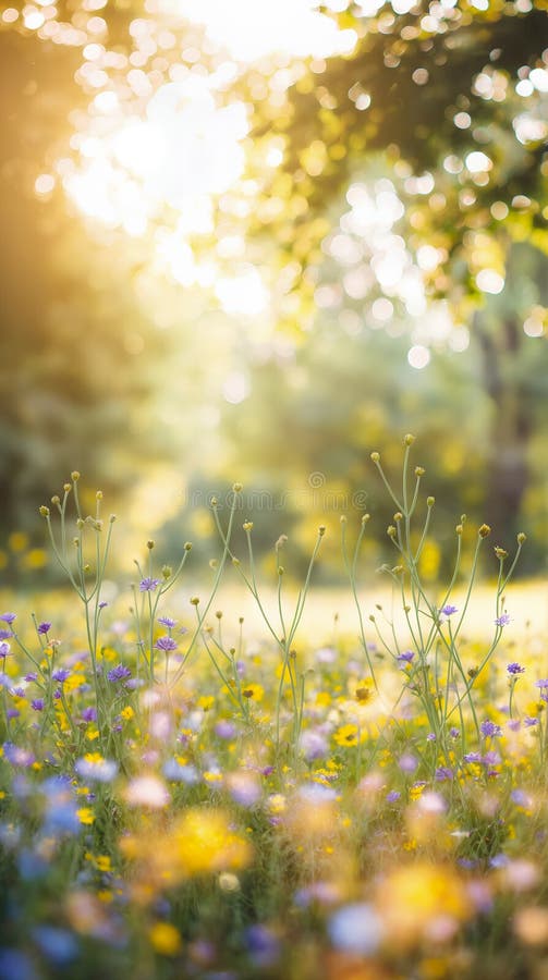 Sunlit Field of Wildflowers Amidst Tree Shadows Stock Image - Image of ...