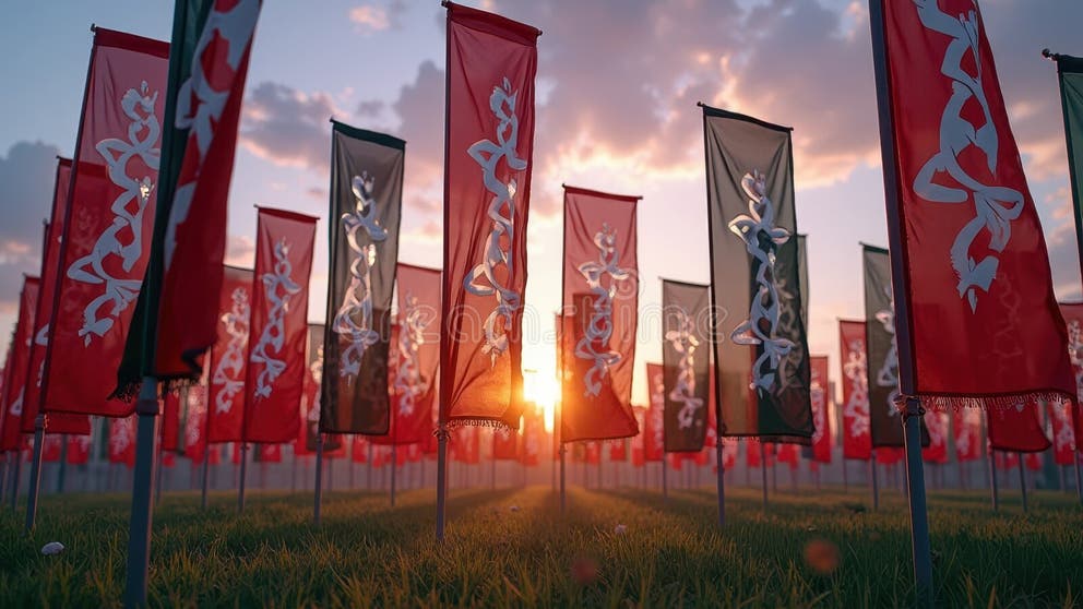 Sunlit Flags with Arabic Calligraphy in a Grassy Field at Sunset Stock ...