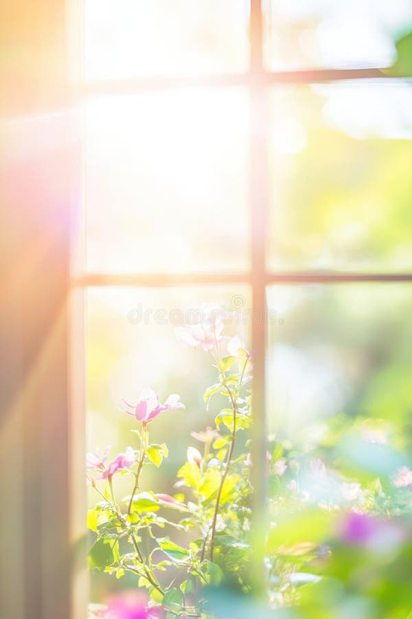 Sunlit Floral View through Window with Soft Glowing Light and Blurred ...