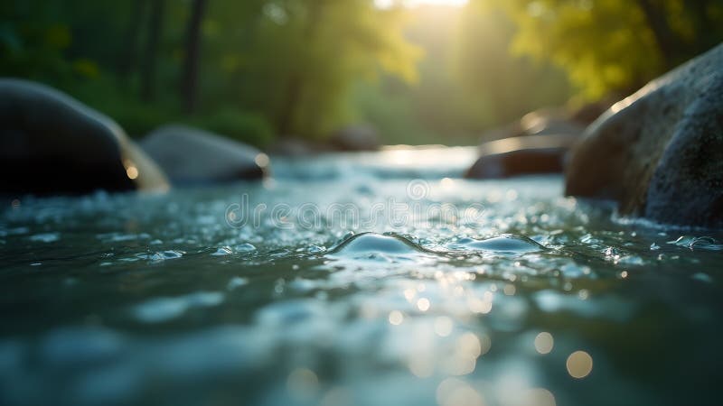 Sunlit Flow, Serene River Landscape Scene Stock Illustration - Illustration of rocks, cascade ...