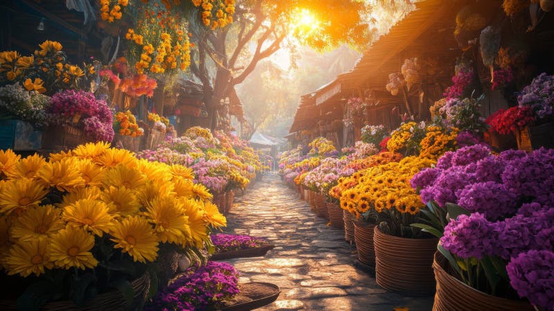 A Sunlit Flower Market Pathway Filled with Vibrant Blooms Stock ...
