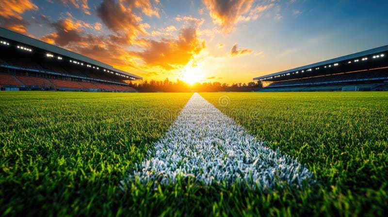 Sunlit Football Stadium Field with White Line at Sunset Stock Image ...