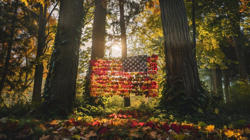 Sunlit Forest with Autumn Leaf Flag between Trees Stock Illustration ...