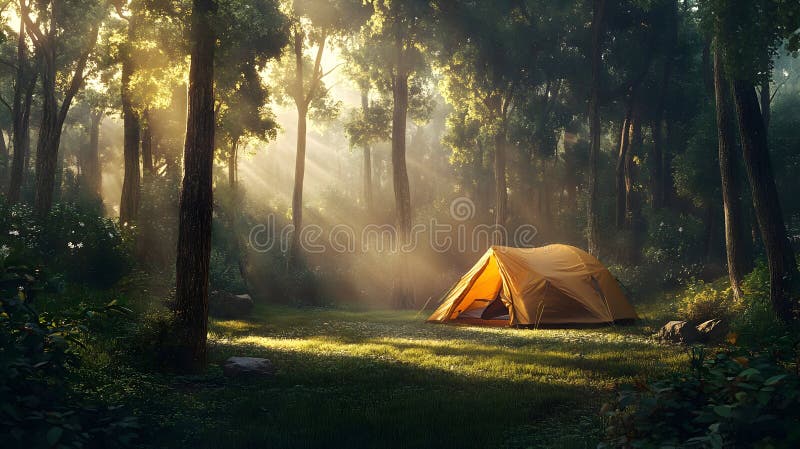 Sunlit Forest Camp: Tranquil Tent Amidst Lush Greenery in Morning Light ...