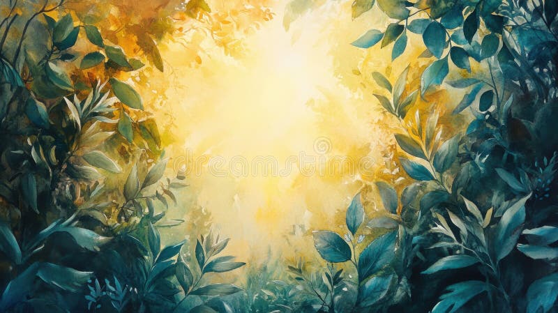 Sunlit Forest Canopy Watercolor Painting Stock Illustration ...