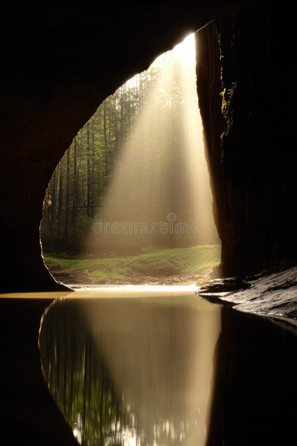 Sunlit Forest Cave with Dramatic Light Rays and Reflective Pool Stock ...