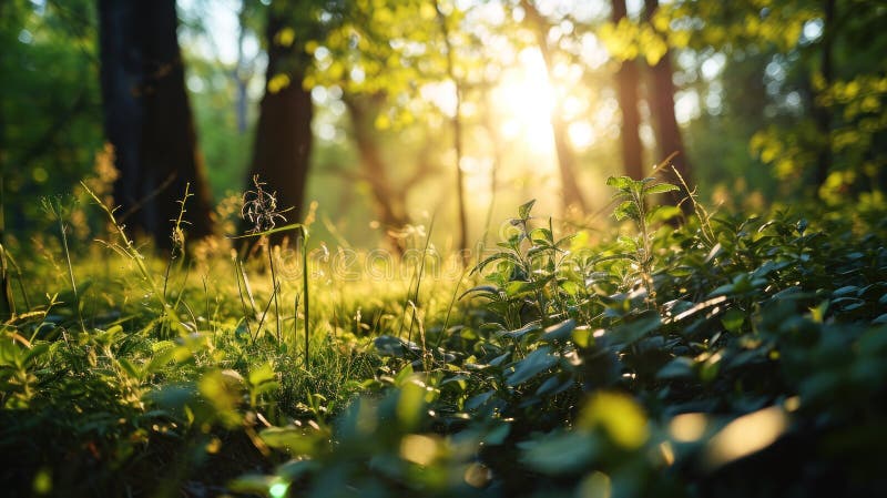 Sunlit Forest Clearing with Lush Green Grass and Trees. Stock Image ...