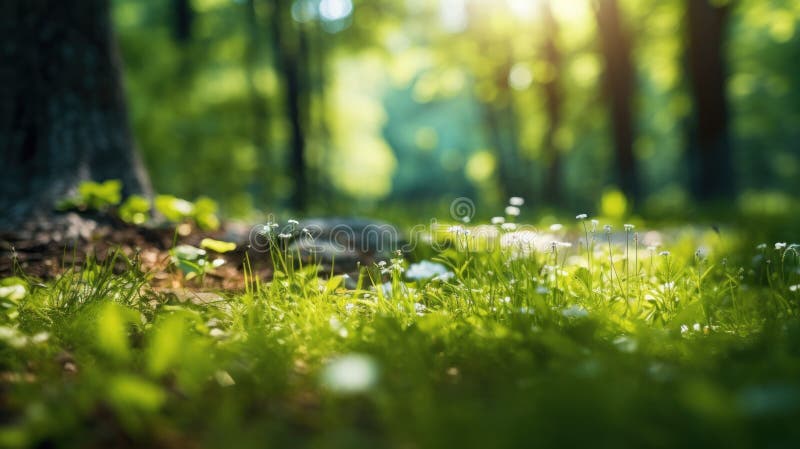 Sunlit Forest Clearing with Lush Green Grass and Trees. Stock ...