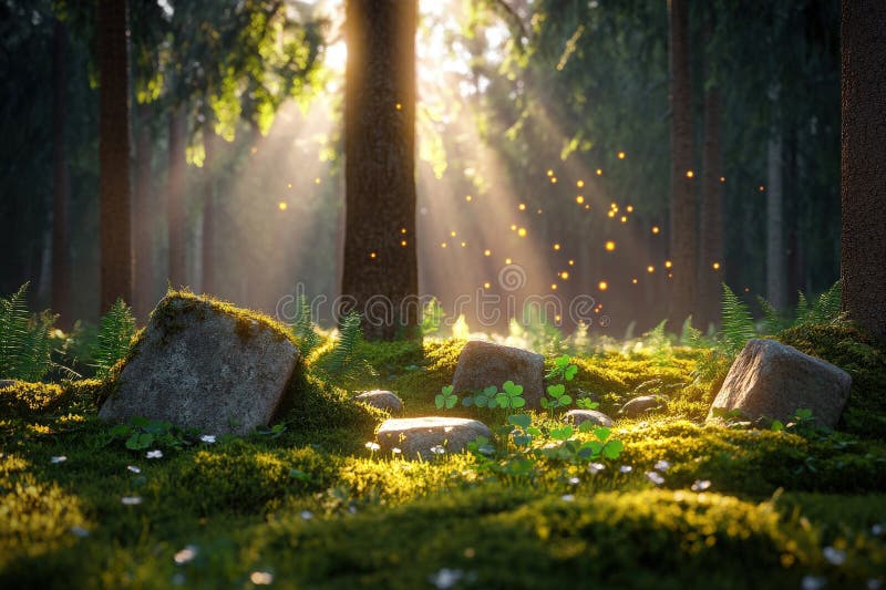 Sunlit Forest Clearing with Mossy Rocks and Floating Fireflies Stock ...