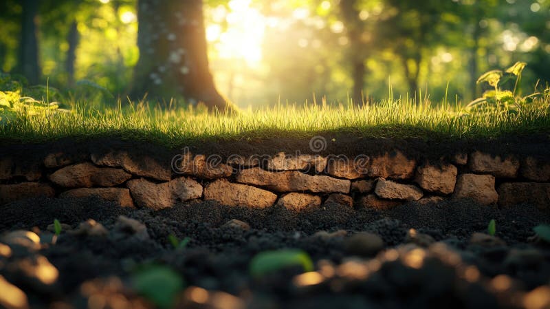 Sunlit Forest Cross-section with Lush Grass and Exposed Soil Layers ...