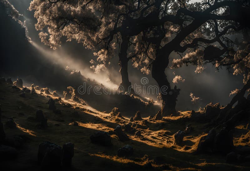 Sunlit Forest at Dawn: Ethereal Mist and Twisted Ancient Trees Stock ...