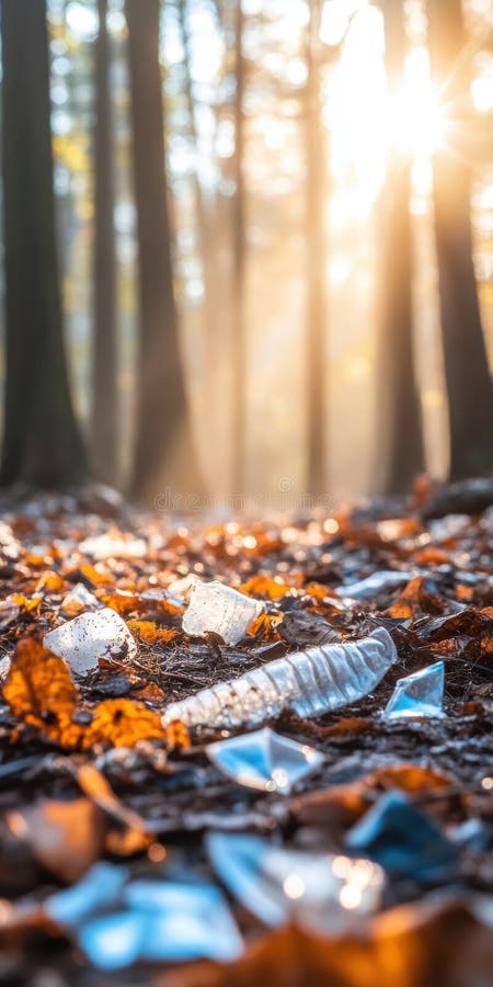 Sunlit Forest Floor with Scattered Plastic Bottles Hinting at Pollution ...