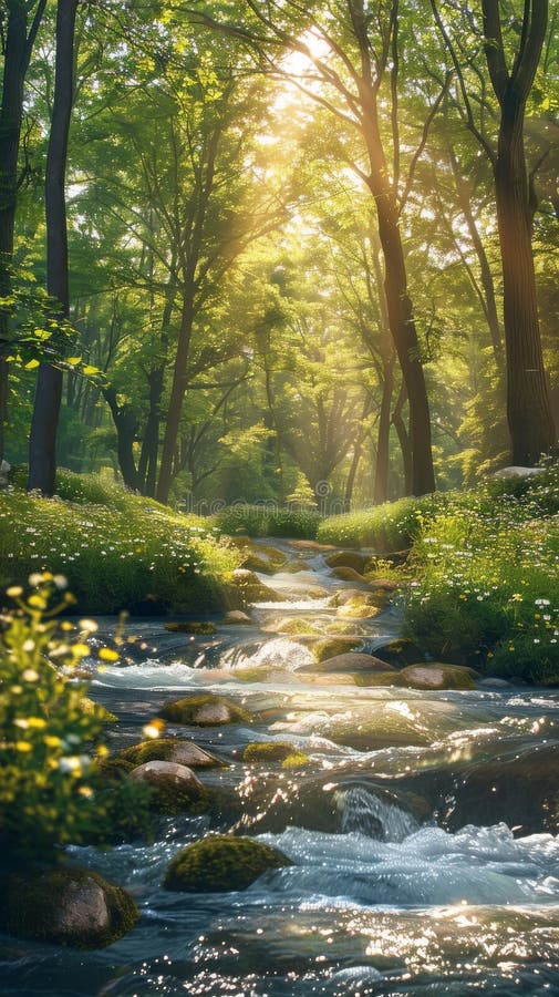 Sunlit Forest with Flowing Stream and Wildflowers, Tranquil Nature ...