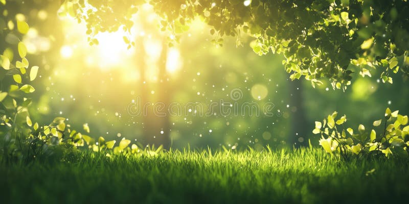Sunlit Forest Glade with Lush Greenery and Sparkling Dust Particles ...