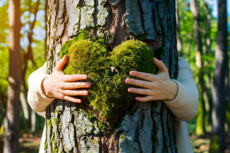 Sunlit Forest Hands Hug Tree Trunk with Heart Shaped Moss, Warm Nature ...