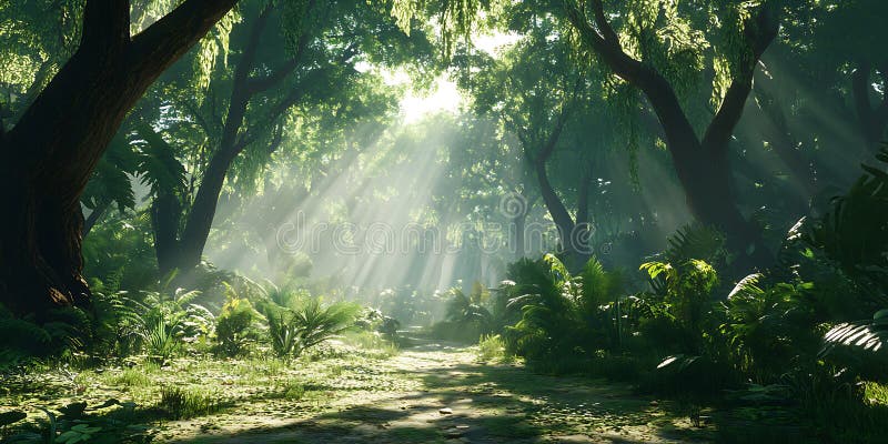 Sunlit Forest Path stock illustration. Illustration of sunbeams - 379536862