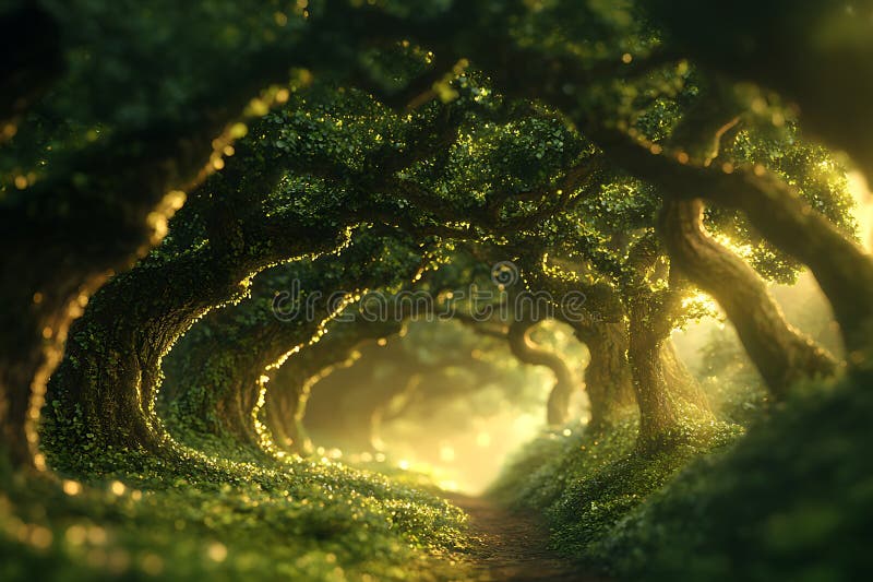 Sunlit Forest Path through Arching Trees Stock Illustration ...