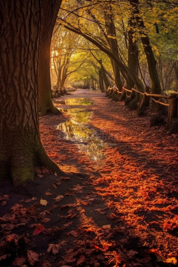 Sunlit Forest Path with Autumn Leaves on the Ground Stock Illustration ...