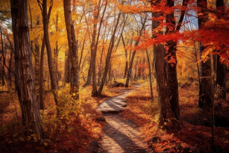 A Sunlit Forest Path with Bright Fall Foliage Stock Illustration ...