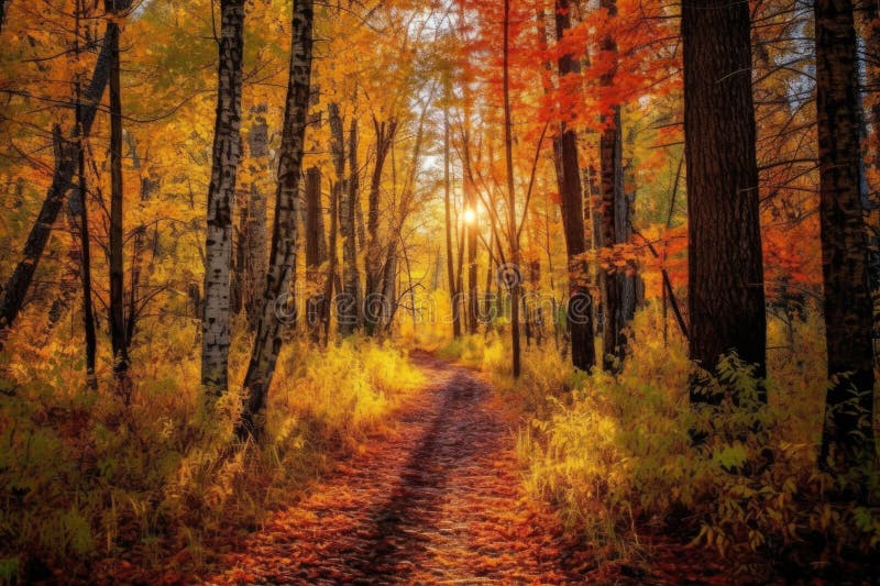 A Sunlit Forest Path with Bright Fall Foliage Stock Image - Image of ...