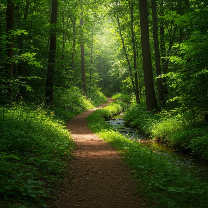 Sunlit Forest Path with Creek Stock Illustration - Illustration of ...