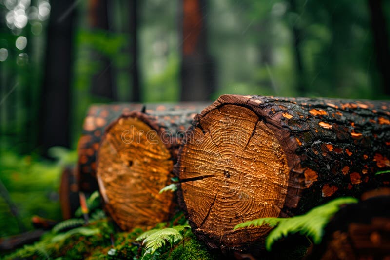 Sunlit Forest Path with Cut Tree Logs. Misty Atmosphere with Sunlight ...