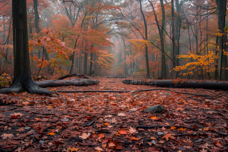 Sunlit Forest Path with Cut Tree Logs. Misty Atmosphere with Sunlight ...