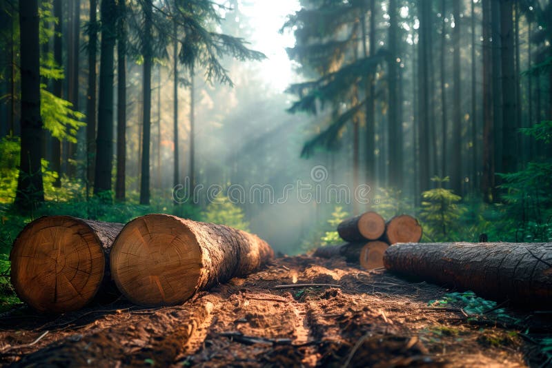 Sunlit Forest Path with Cut Tree Logs. Misty Atmosphere with Sunlight ...
