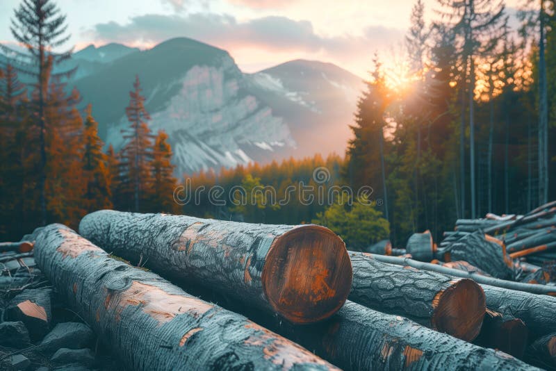 Sunlit Forest Path with Cut Tree Logs. Misty Atmosphere with Sunlight ...