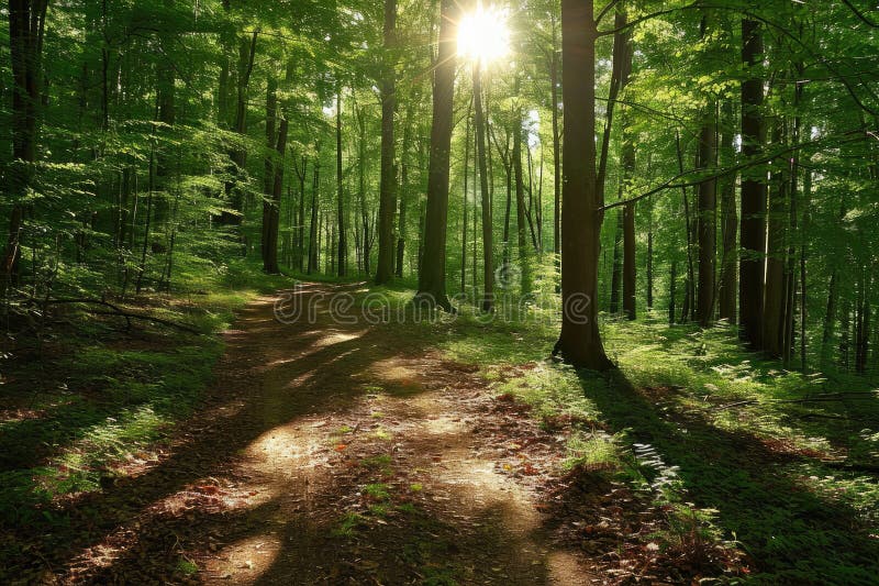 Sunlit Forest Path with Dappled Shadows Stock Photo - Image of national ...