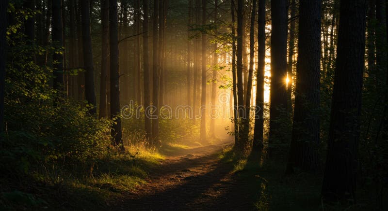 Sunlit Forest Path at Dawn stock illustration. Illustration of ...