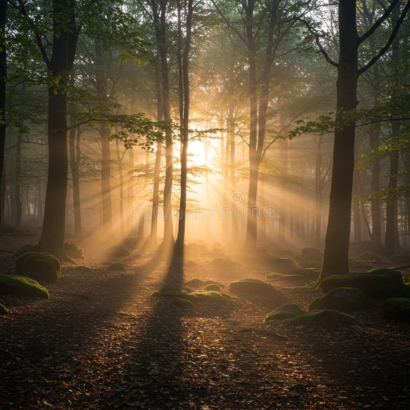 Sunlit Forest Path at Dawn stock illustration. Illustration of rays ...