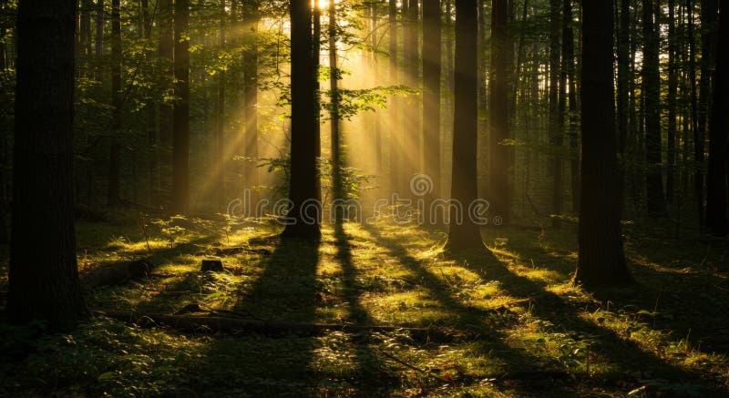Sunlit Forest Path at Dawn stock illustration. Illustration of mystical ...