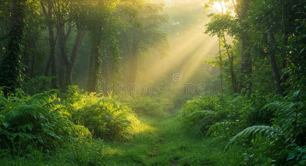 Sunlit Forest Path at Dawn stock illustration. Illustration of outdoor ...