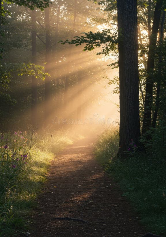 Sunlit Forest Path at Dawn stock illustration. Illustration of solitude ...