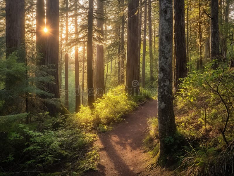 Sunlit Forest Path at Dawn stock photo. Image of dawn - 321157678