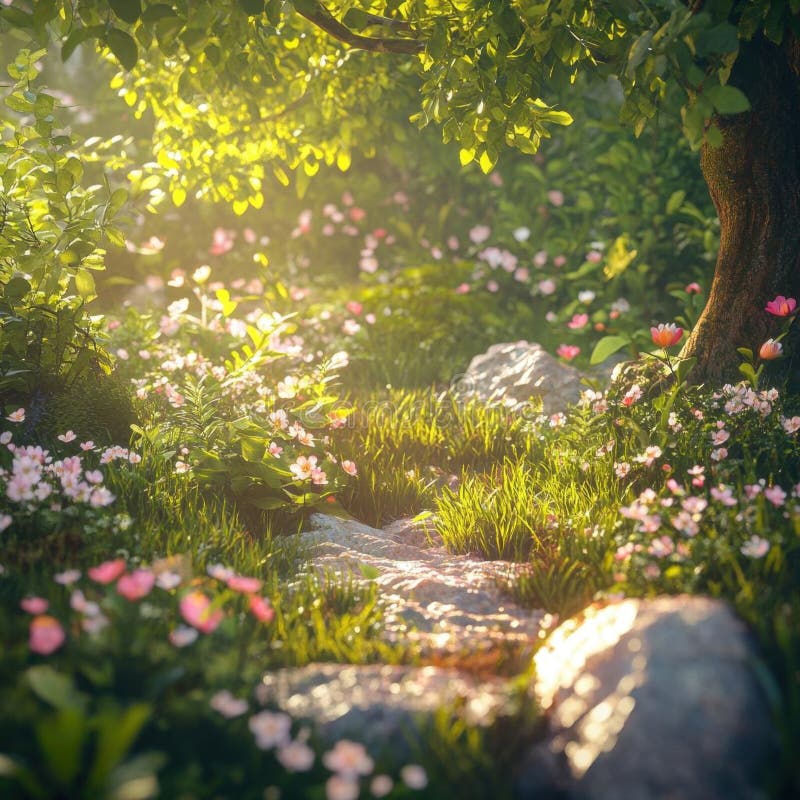 Sunlit Forest Path with Delicate Pink Flowers Stock Illustration ...