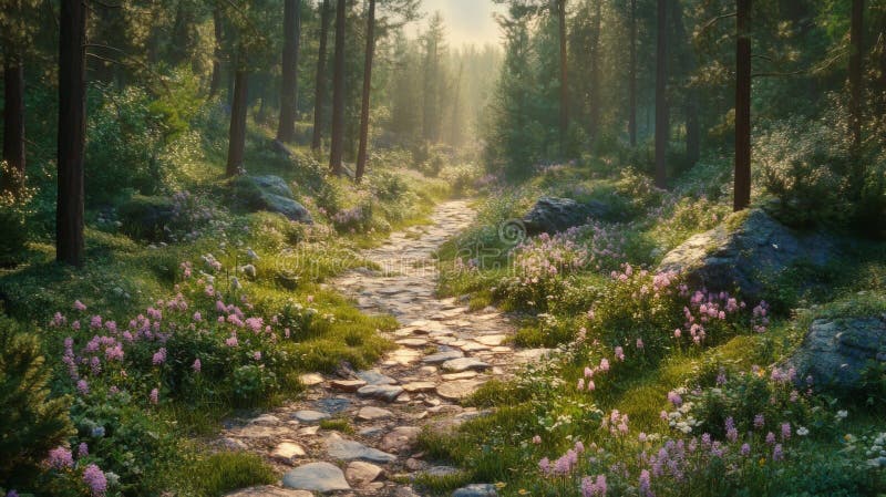 Sunlit Forest Path Flowers Stone Pathway Stock Illustration ...