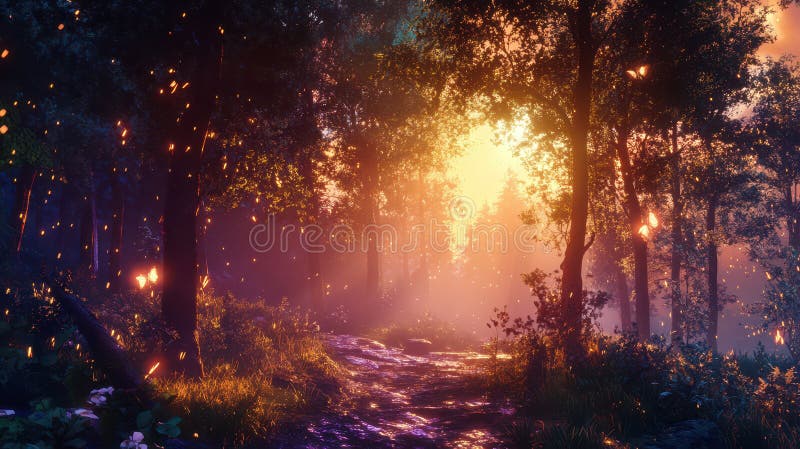 Sunlit Forest Path with Glowing Insects and Mist Stock Illustration ...
