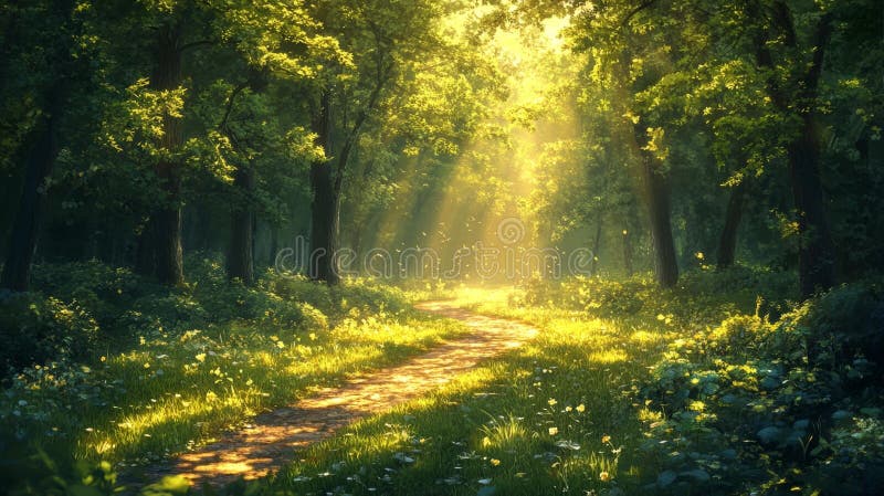 Sunlit Forest Path with Glowing Rays Generative AI Stock Illustration ...