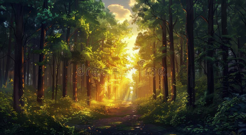 Golden Hour Forest Path Magical Sunset Landscape Illustration Digital ...