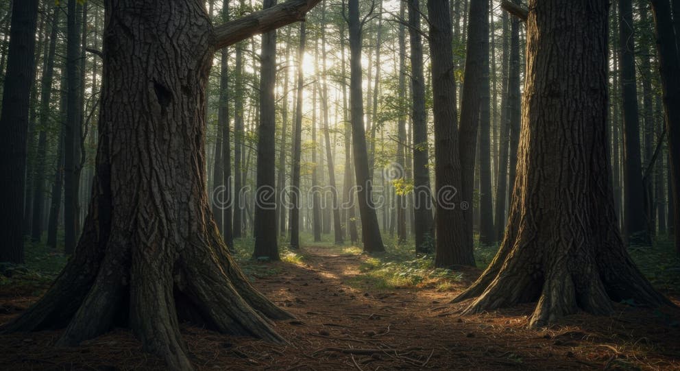 Sunlit Forest Path: Golden Hour Light through Trees Stock Illustration ...
