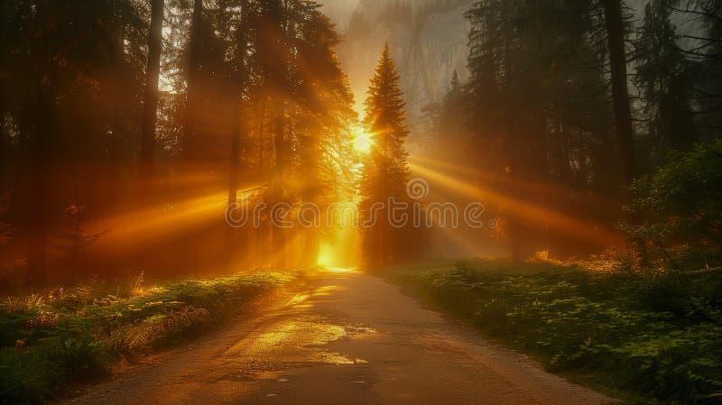 Sunlit Forest Path with Golden Morning Rays Stock Illustration ...