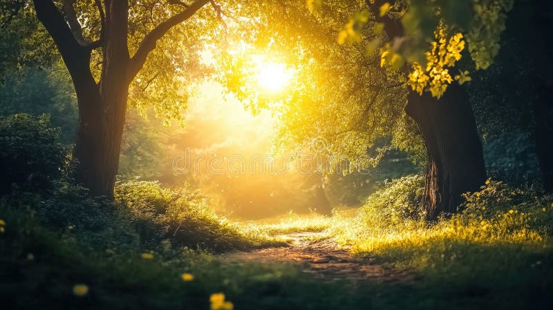 Sunlit Forest Path with Golden Rays Stock Photo - Image of outdoor ...