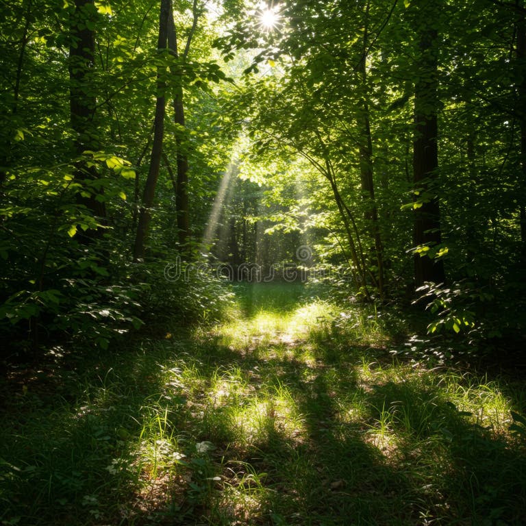Sunlit Forest Path: Green Trees and Grassy Clearing Stock Illustration ...