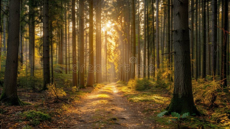 Sunlit Forest Path High Quality Image of Trees with Sun Reflecting on ...