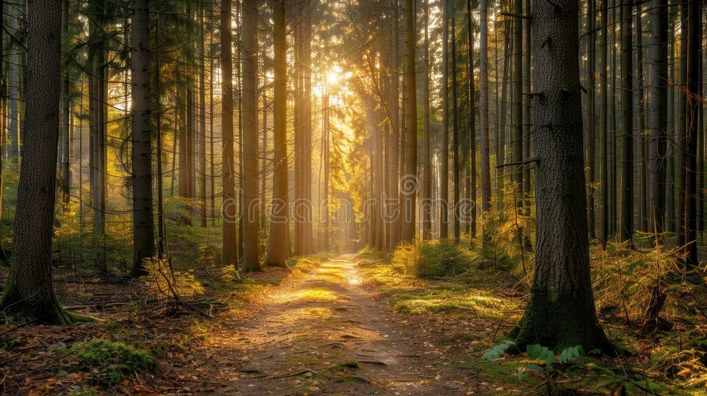Sunlit Forest Path High Quality Image of Trees with Sun Reflecting on ...