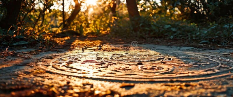 Sunlit Forest Path with Intricate Stone Carving Stock Photo - Image of ...