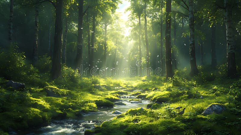 Sunlit Forest Path Lush Green Vegetation Small Stream Stock Photos ...